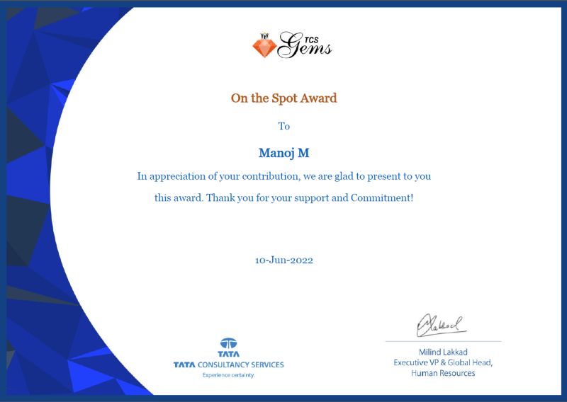 Manoj M on LinkedIn: #tcs #onthespot #thankyou Manoj M on LinkedIn: #tcs #onthespot #thankyou