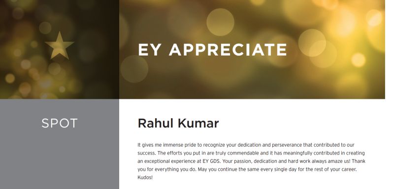 Rahul Kumar on LinkedIn: Thanks EY GDS for Recognition.. :) | 14 comments Rahul Kumar on LinkedIn: Thanks EY GDS for Recognition.. :) | 14 comments