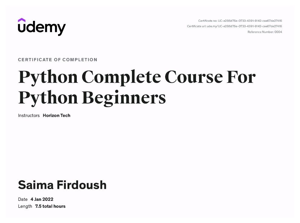 Saima Firdoush on LinkedIn: Completed python certification course by Udemy! Saima Firdoush on LinkedIn: Completed python certification course by Udemy!