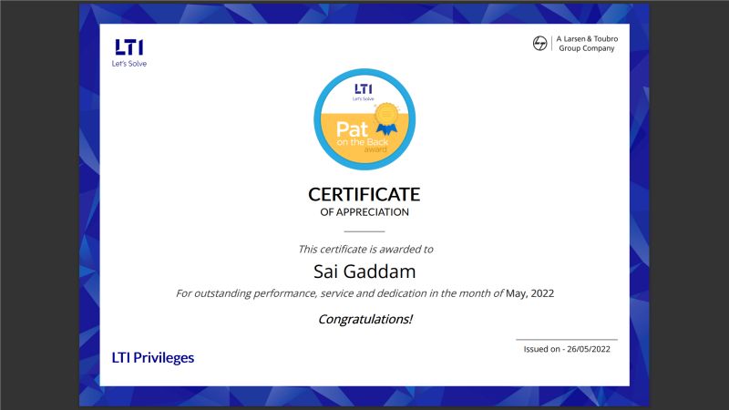 Sai Teja Gaddam on LinkedIn: #lti #thankyou #appreciation #award | 14 ... Sai Teja Gaddam on LinkedIn: #lti #thankyou #appreciation #award | 14 ...