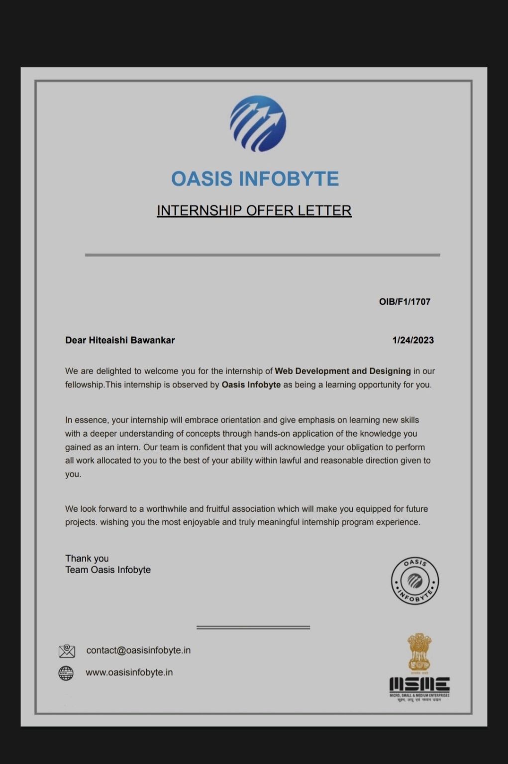 Hiteaishi Bawankar on LinkedIn: #oasisinfobyte #offerletter # ... Hiteaishi Bawankar on LinkedIn: #oasisinfobyte #offerletter # ...