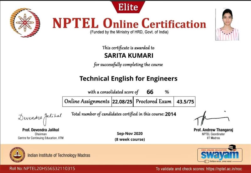 Sarita Kumari on LinkedIn: #nptel #swayam #certification #iitmadras Sarita Kumari on LinkedIn: #nptel #swayam #certification #iitmadras