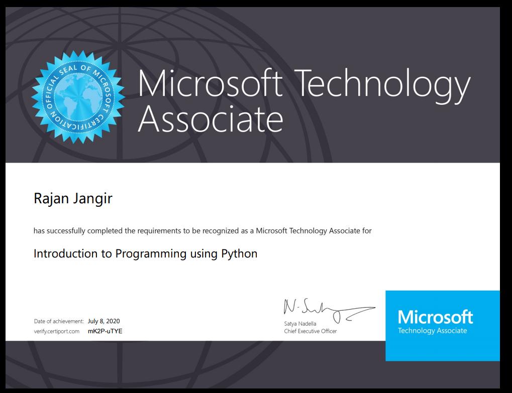 Rajan Jangir on LinkedIn: #mtacertification #certified #python #programming Rajan Jangir on LinkedIn: #mtacertification #certified #python #programming