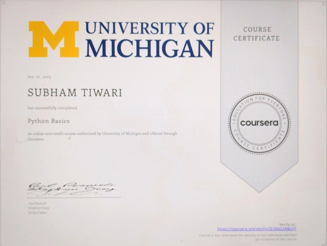 Subham Tiwari on LinkedIn: #python #universityofmichigan Subham Tiwari on LinkedIn: #python #universityofmichigan
