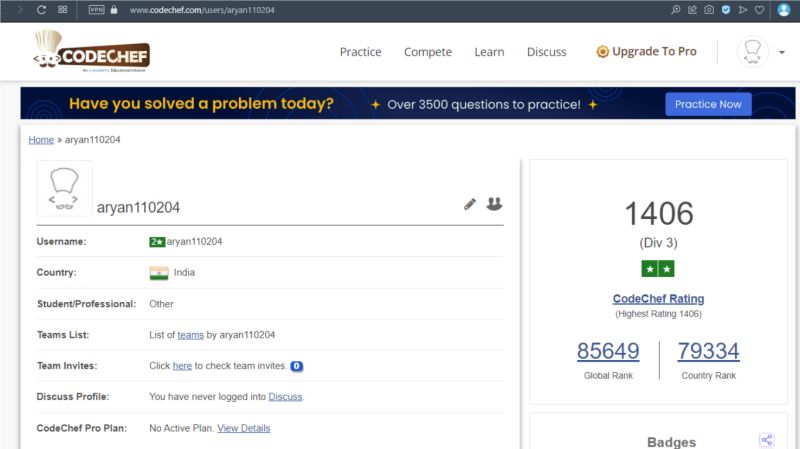 Aryan Pandey on LinkedIn: Reached 2 Star At CodeChef. Aryan Pandey on LinkedIn: Reached 2 Star At CodeChef.
