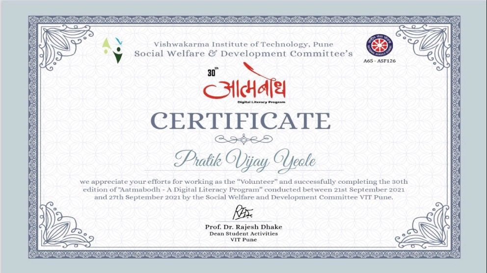 Pratik Yeole on LinkedIn: I had completed Aatmabodh 2021 Thank you VIT ... Pratik Yeole on LinkedIn: I had completed Aatmabodh 2021 Thank you VIT ...