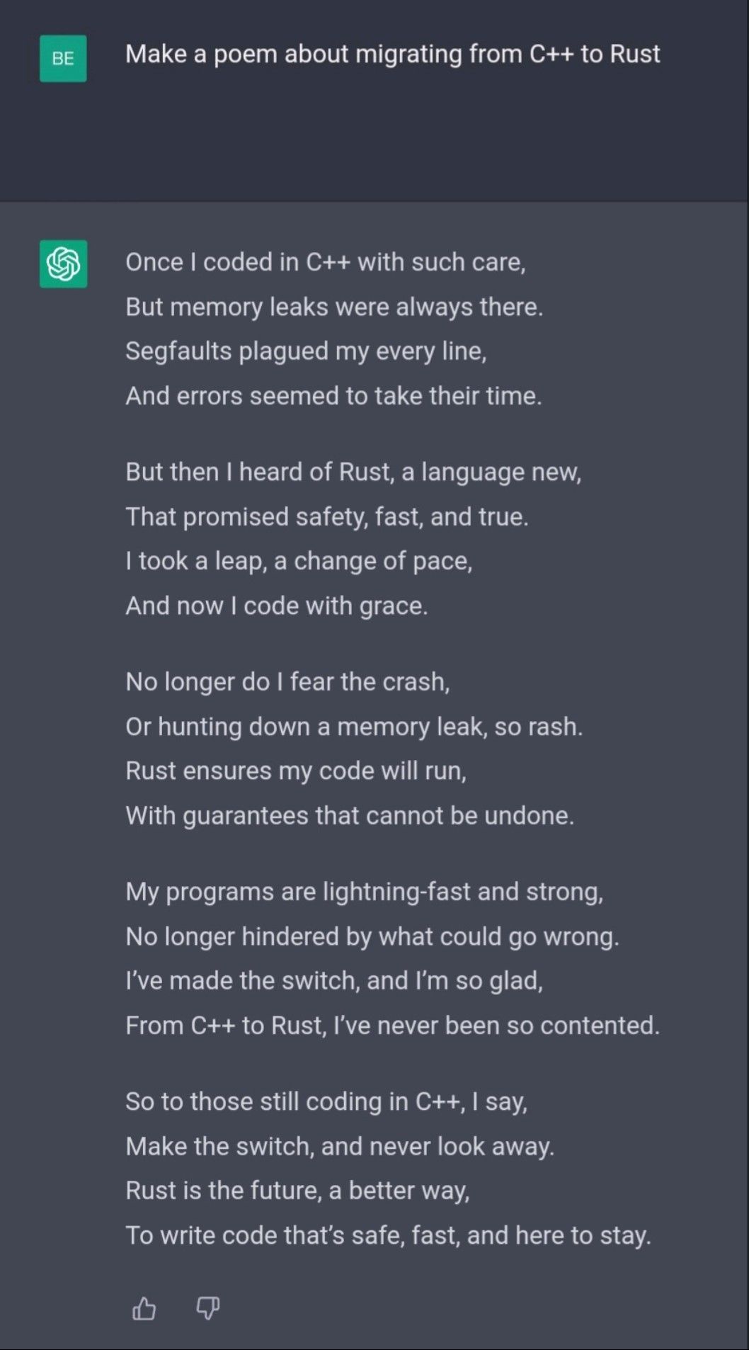 Marco Bergamin on LinkedIn: #chatgpt #cplusplus #rust Marco Bergamin on LinkedIn: #chatgpt #cplusplus #rust