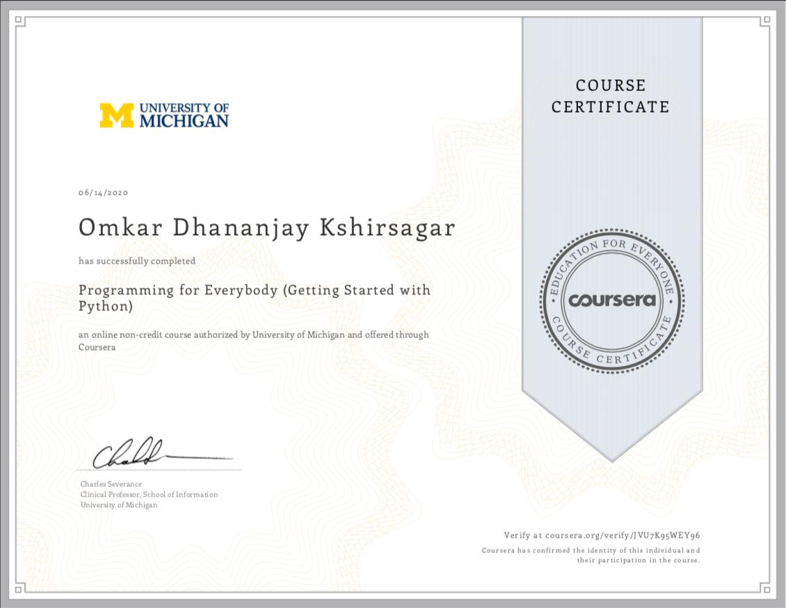 Omkar Kshirsagar on LinkedIn: #coursera #pythonforeverybody #python3 # ... Omkar Kshirsagar on LinkedIn: #coursera #pythonforeverybody #python3 # ...