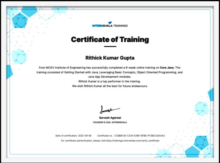 Rithick Kumar Gupta on LinkedIn: #training #internshala #corejava Rithick Kumar Gupta on LinkedIn: #training #internshala #corejava