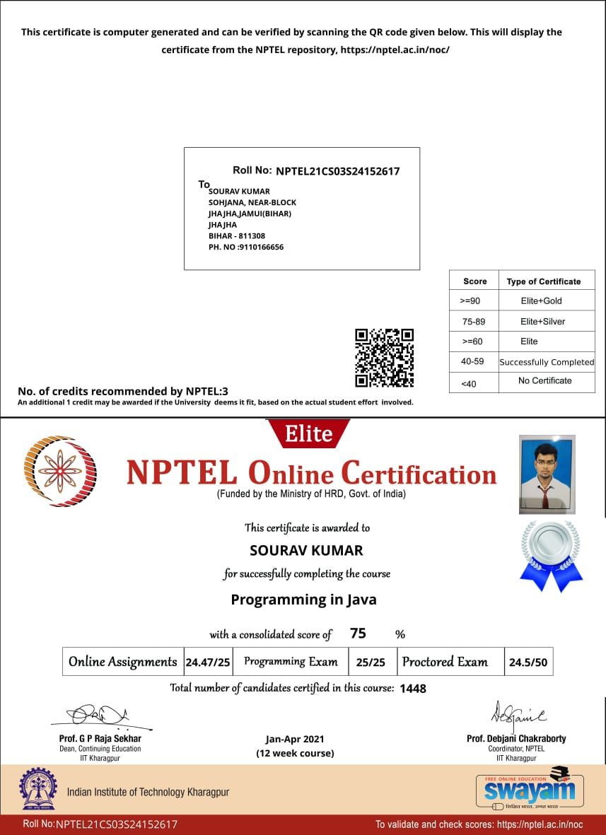 Sourav Kumar on LinkedIn: #java #programming #nptel #achievement # ... Sourav Kumar on LinkedIn: #java #programming #nptel #achievement # ...