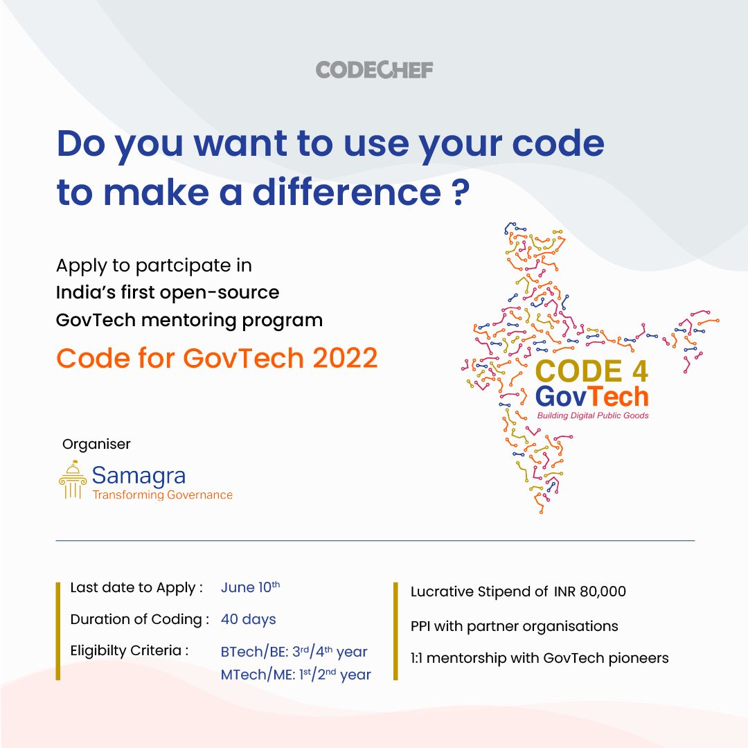 CodeChef on LinkedIn: #codechef #c4gt #govtech #coding CodeChef on LinkedIn: #codechef #c4gt #govtech #coding