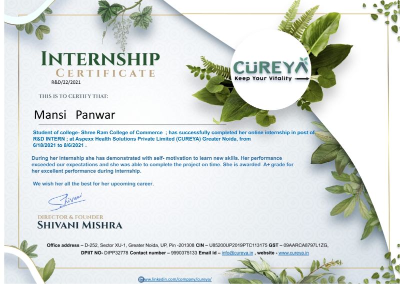 Mansi Panwar on LinkedIn: Completed my intership at Cureya as a ... Mansi Panwar on LinkedIn: Completed my intership at Cureya as a ...