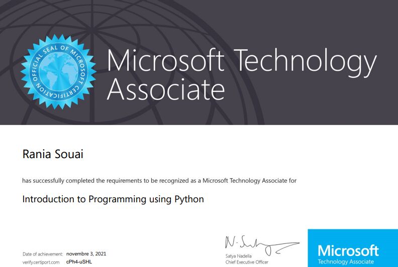 Rania Souai on LinkedIn: MTA: Introduction to Programming using Python. Rania Souai on LinkedIn: MTA: Introduction to Programming using Python.