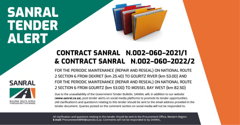SANRAL on LinkedIn: SANRAL Tender Alert: Tender Number: SANRAL N.002 ... SANRAL on LinkedIn: SANRAL Tender Alert: Tender Number: SANRAL N.002 ...