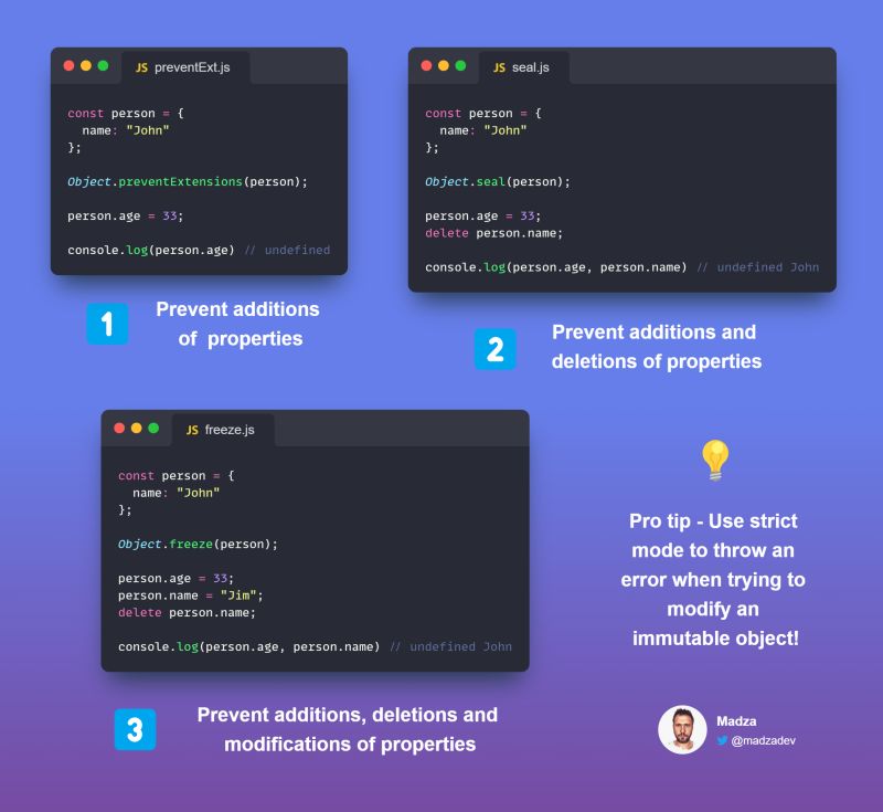 Madza 👨💻⚡ on LinkedIn: JavaScript tip 💡 Use preventExtensions(), seal ... Madza 👨💻⚡ on LinkedIn: JavaScript tip 💡 Use preventExtensions(), seal ...