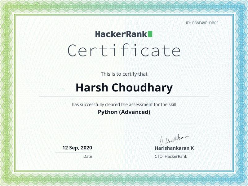 Harsh Choudhary on LinkedIn: #python #advanced #certification #hackerrank Harsh Choudhary on LinkedIn: #python #advanced #certification #hackerrank