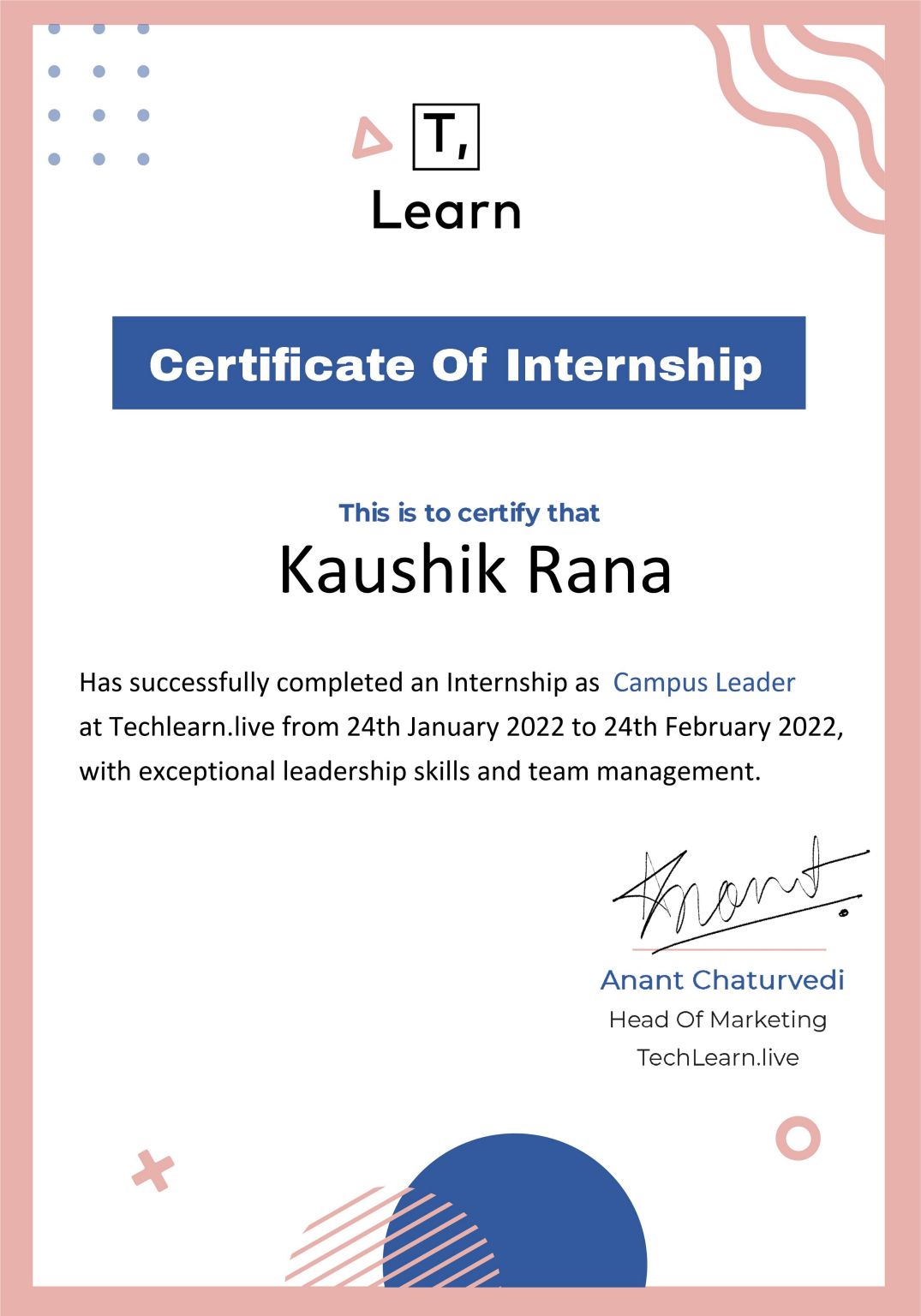 KAUSHIK RANA on LinkedIn: #campusleader #internship #techlearn KAUSHIK RANA on LinkedIn: #campusleader #internship #techlearn