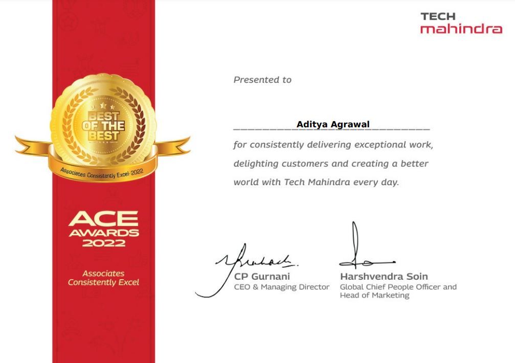 Aditya Agrawal on LinkedIn: #aceawards #techmahindra | 10 comments Aditya Agrawal on LinkedIn: #aceawards #techmahindra | 10 comments