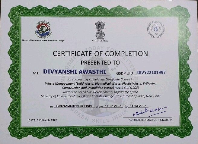 Divyanshi Awasthi on LinkedIn: Certificate of the waste management ... Divyanshi Awasthi on LinkedIn: Certificate of the waste management ...