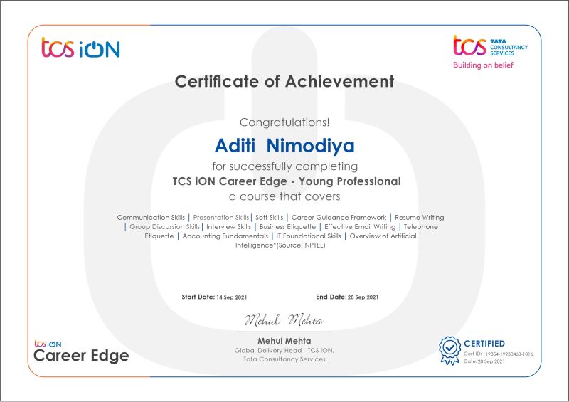 Aditi Rajesh Nimodiya on LinkedIn: #tcs #tataconsultancyservices # ... Aditi Rajesh Nimodiya on LinkedIn: #tcs #tataconsultancyservices # ...