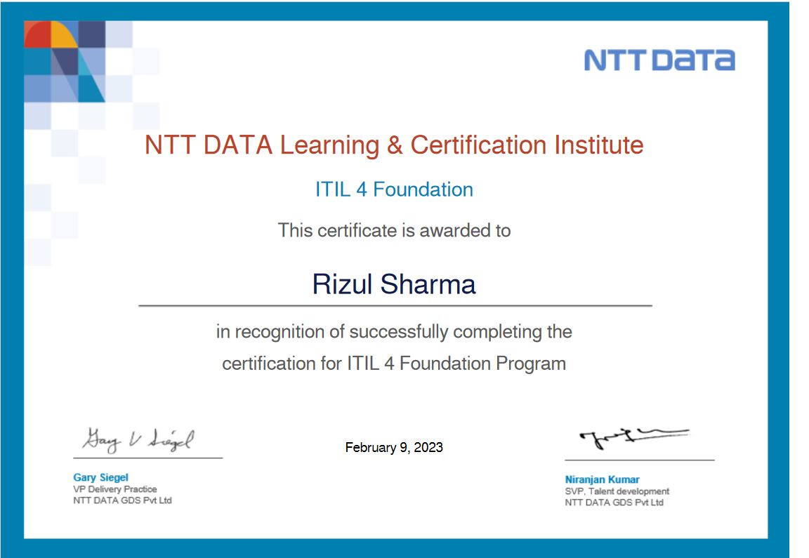 Rizul Sharma on LinkedIn: #itilcertified #itilv4foundationcertificate # ... Rizul Sharma on LinkedIn: #itilcertified #itilv4foundationcertificate # ...