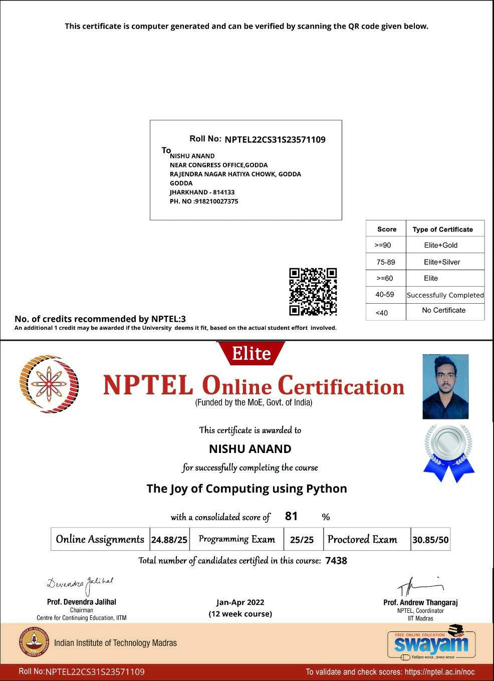 Nishu Anand on LinkedIn: #nptel #certificate #pythonprogramming #silver Nishu Anand on LinkedIn: #nptel #certificate #pythonprogramming #silver