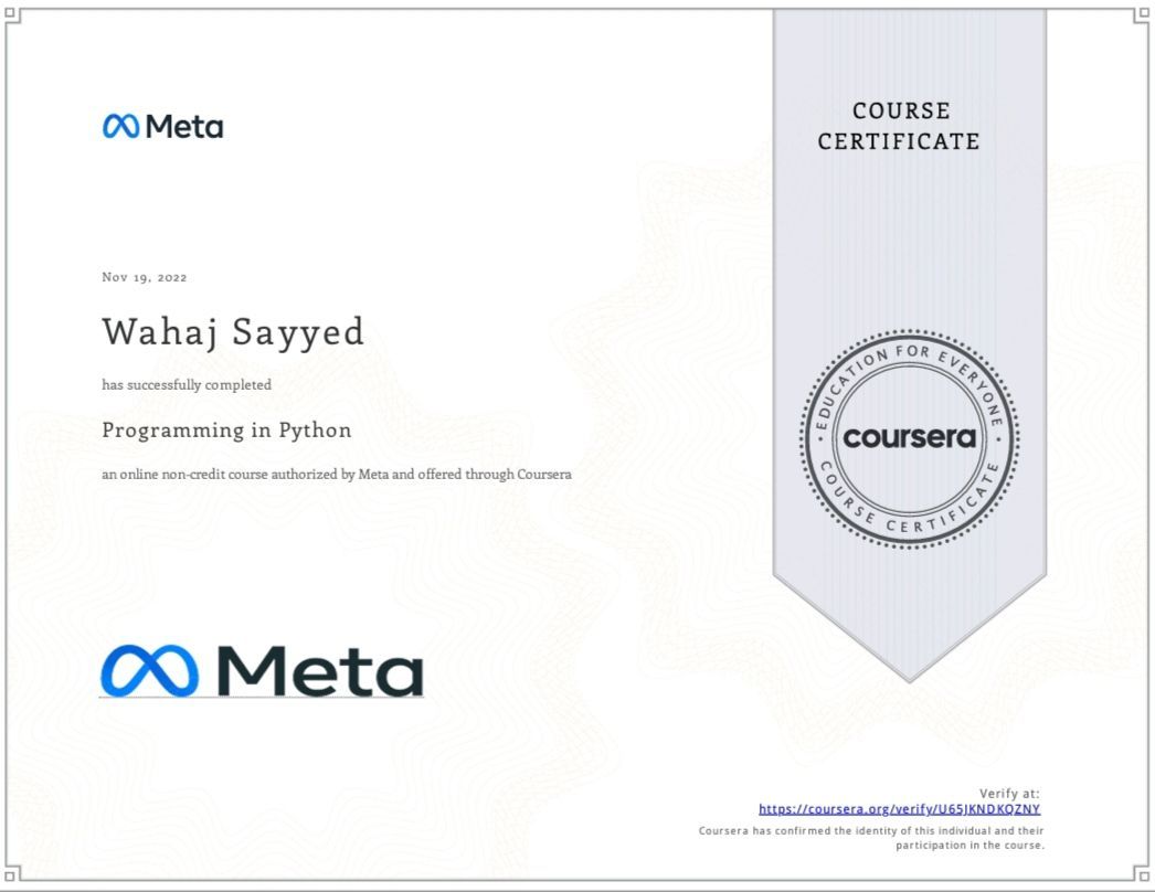 Wahaj Sayyed on LinkedIn: #programming #python #certification Wahaj Sayyed on LinkedIn: #programming #python #certification