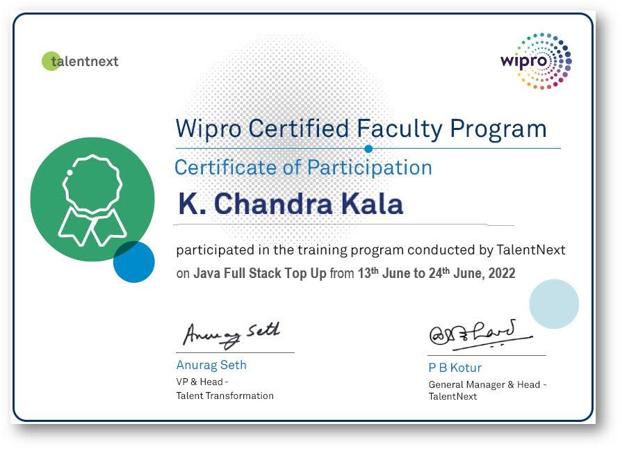 Chandrakala Kuruba on LinkedIn: Wipro Certified Full Stack Developer Chandrakala Kuruba on LinkedIn: Wipro Certified Full Stack Developer