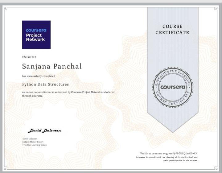 Sanjana Panchal on LinkedIn: #coursera #python #pythondatastructures Sanjana Panchal on LinkedIn: #coursera #python #pythondatastructures