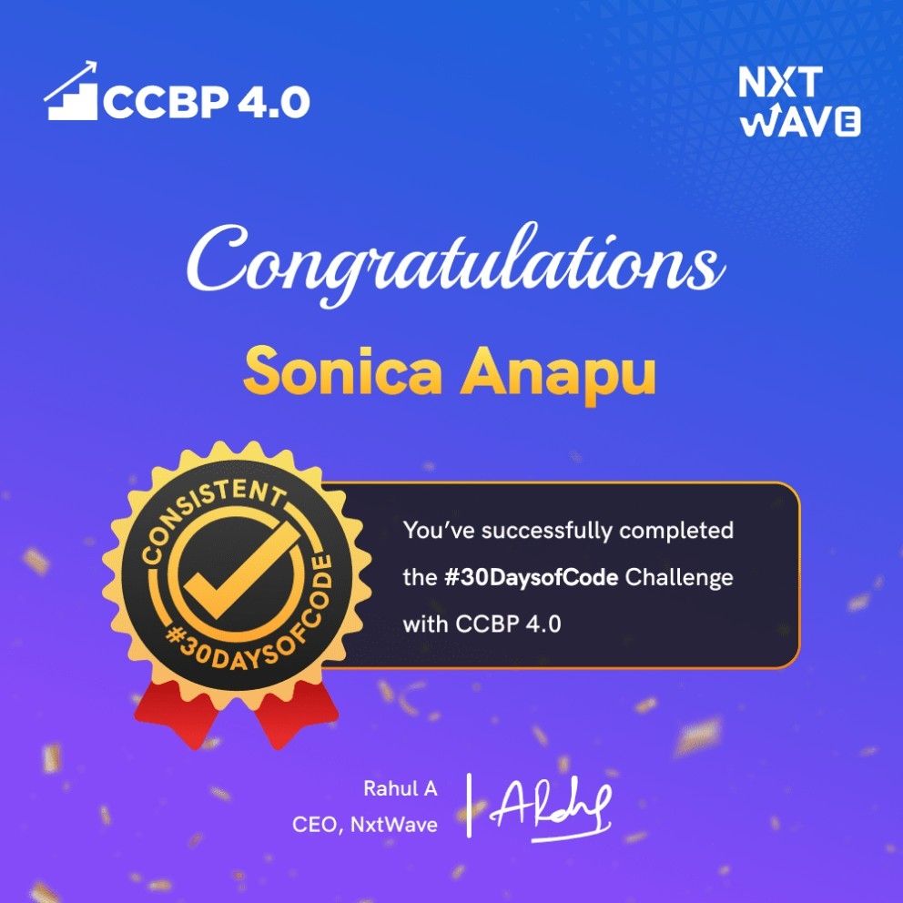 Sonica anapu on LinkedIn: #nxtwave #ccbp #certificate Sonica anapu on LinkedIn: #nxtwave #ccbp #certificate