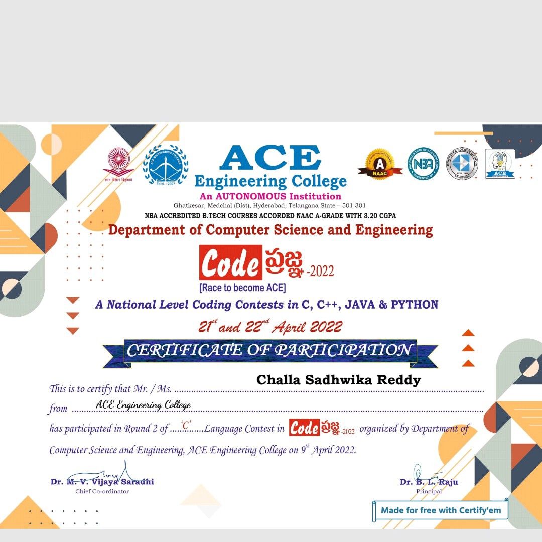 Challa sadhwikareddy on LinkedIn: #coding #ace Challa sadhwikareddy on LinkedIn: #coding #ace