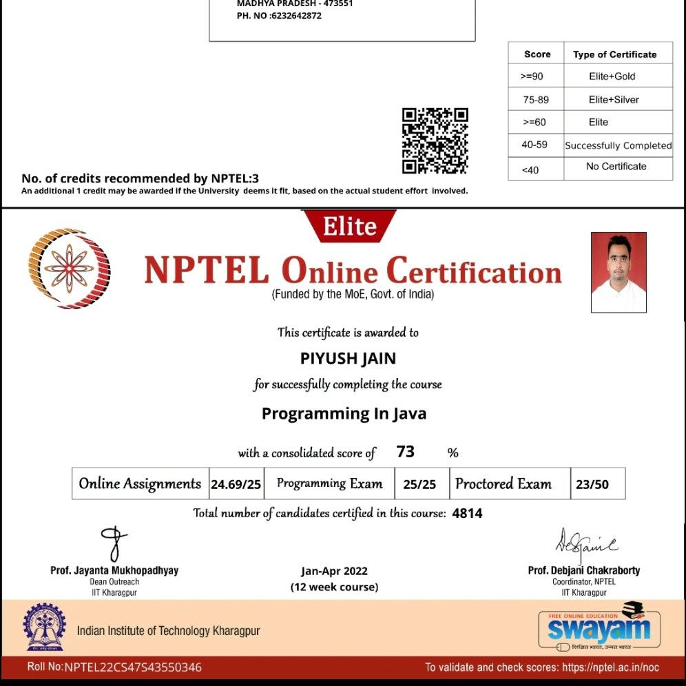 Piyush Jain on LinkedIn: #java #programming #nptel #certification | 10 ... Piyush Jain on LinkedIn: #java #programming #nptel #certification | 10 ...