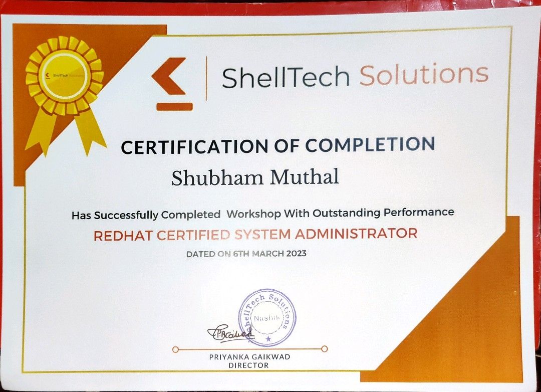 Shubham Muthal on LinkedIn: Completed REDHAT CERTIFIED SYSTEM ... Shubham Muthal on LinkedIn: Completed REDHAT CERTIFIED SYSTEM ...