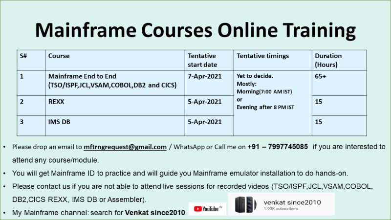 Venkat Trainer on LinkedIn: Mainframe course, REXX and IMS DB modules ... Venkat Trainer on LinkedIn: Mainframe course, REXX and IMS DB modules ...