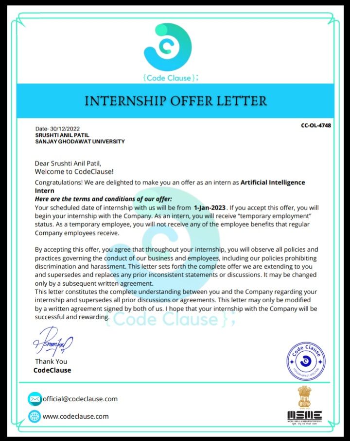 Srushti Patil on LinkedIn: #internship #artificialintelligence Srushti Patil on LinkedIn: #internship #artificialintelligence