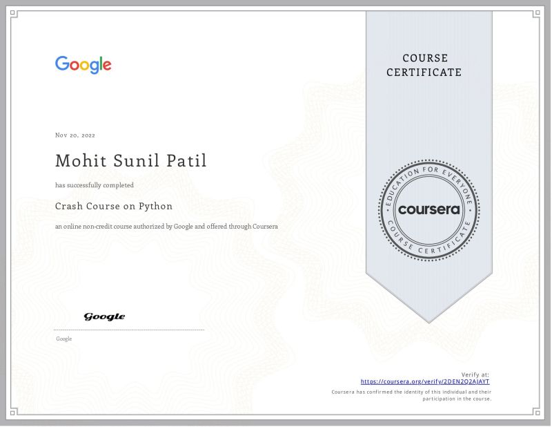 Mohit Patil on LinkedIn: #pythonprogramming #coursera #google #python # ... Mohit Patil on LinkedIn: #pythonprogramming #coursera #google #python # ...