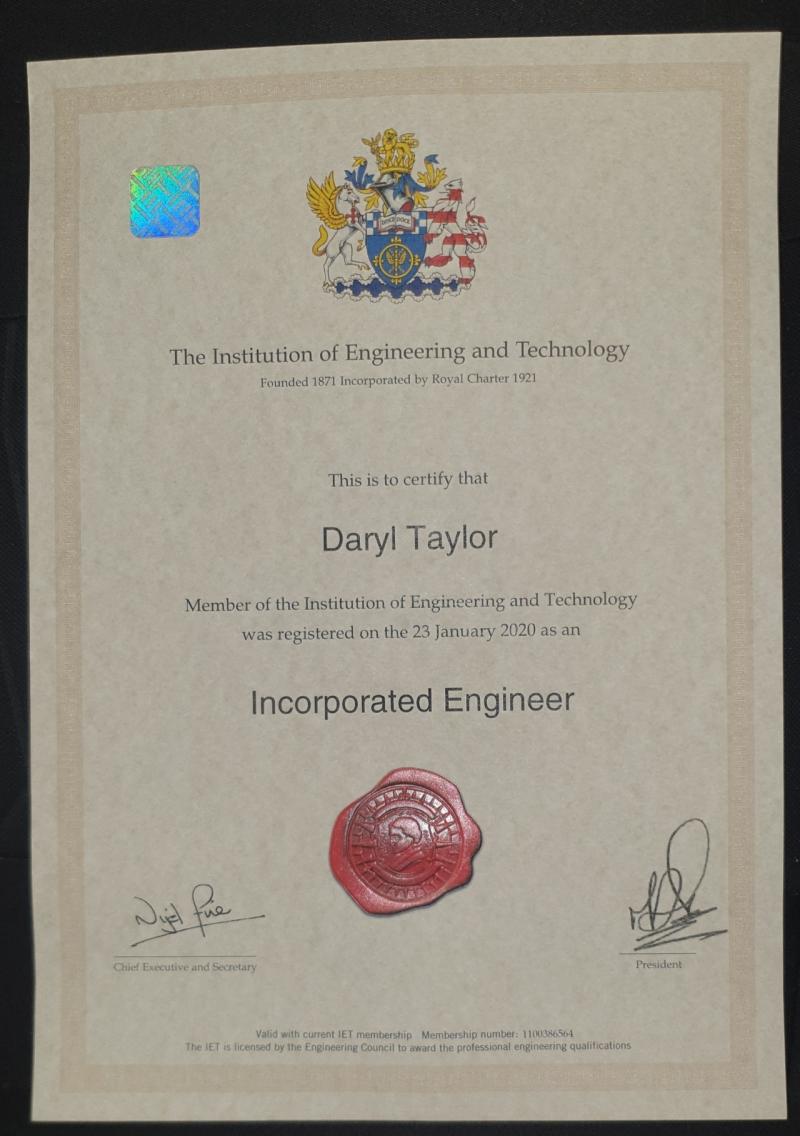 Daryl Taylor IEng MIET on LinkedIn: Finally received my IEng ... Daryl Taylor IEng MIET on LinkedIn: Finally received my IEng ...