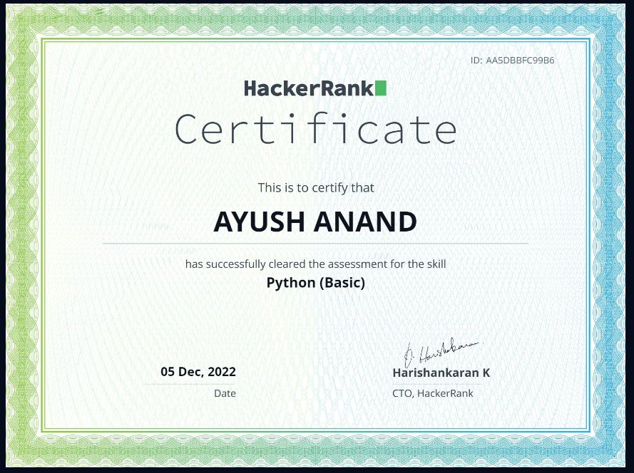 Ayush Anand on LinkedIn: Python (Basic) certificate . HackerRank Ayush Anand on LinkedIn: Python (Basic) certificate . HackerRank