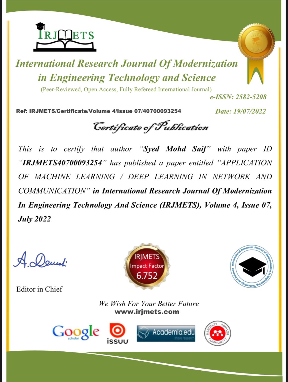 Syed Mohammad Saif on LinkedIn: CERTIFICATE OF PUBLICATION (Research ... Syed Mohammad Saif on LinkedIn: CERTIFICATE OF PUBLICATION (Research ...