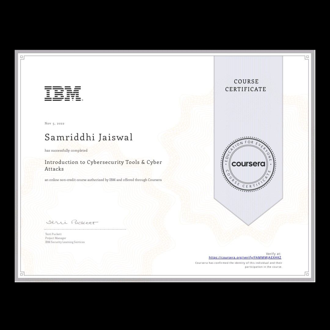 Samriddhi Jaiswal on LinkedIn: #cyberdefense #coursera #ibm #cyberawareness Samriddhi Jaiswal on LinkedIn: #cyberdefense #coursera #ibm #cyberawareness