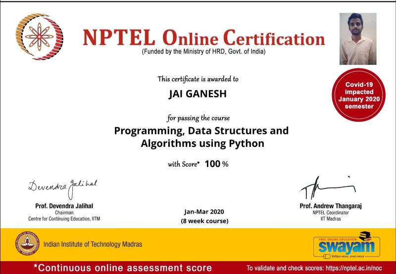 Jai Ganesh K on LinkedIn: #nptel #ecertification #python # ... Jai Ganesh K on LinkedIn: #nptel #ecertification #python # ...