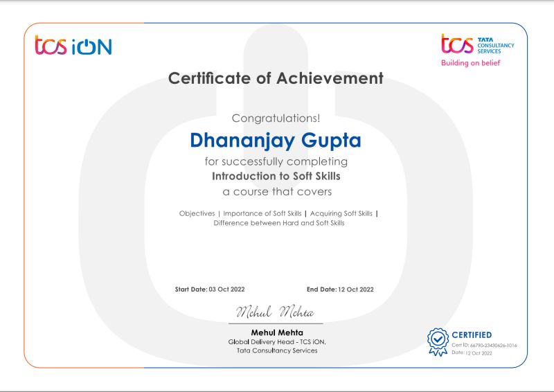 Dhananjay Gupta on LinkedIn: #tcs #tcsion #certificateofachievement # ... Dhananjay Gupta on LinkedIn: #tcs #tcsion #certificateofachievement # ...