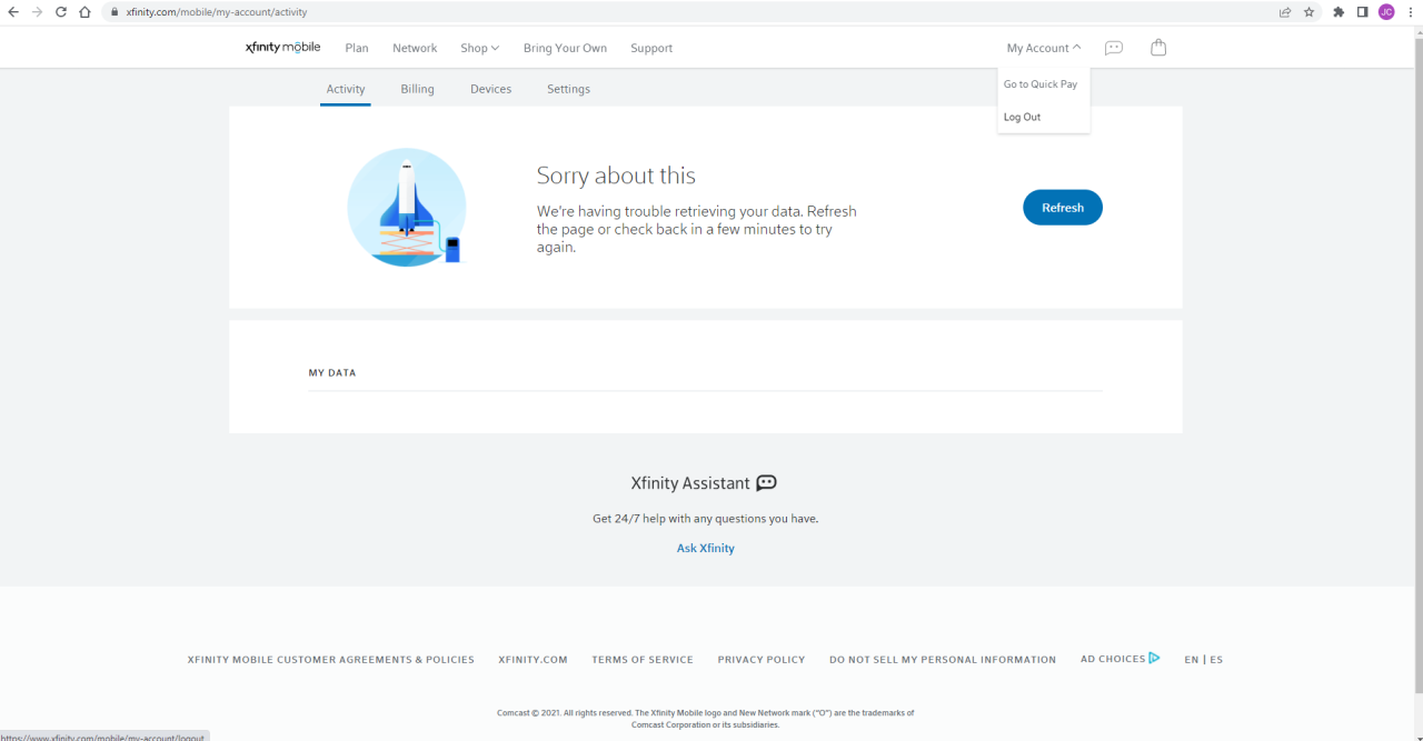Problem solved for Xfinity Mobile inaccessible account webpage Problem solved for Xfinity Mobile inaccessible account webpage