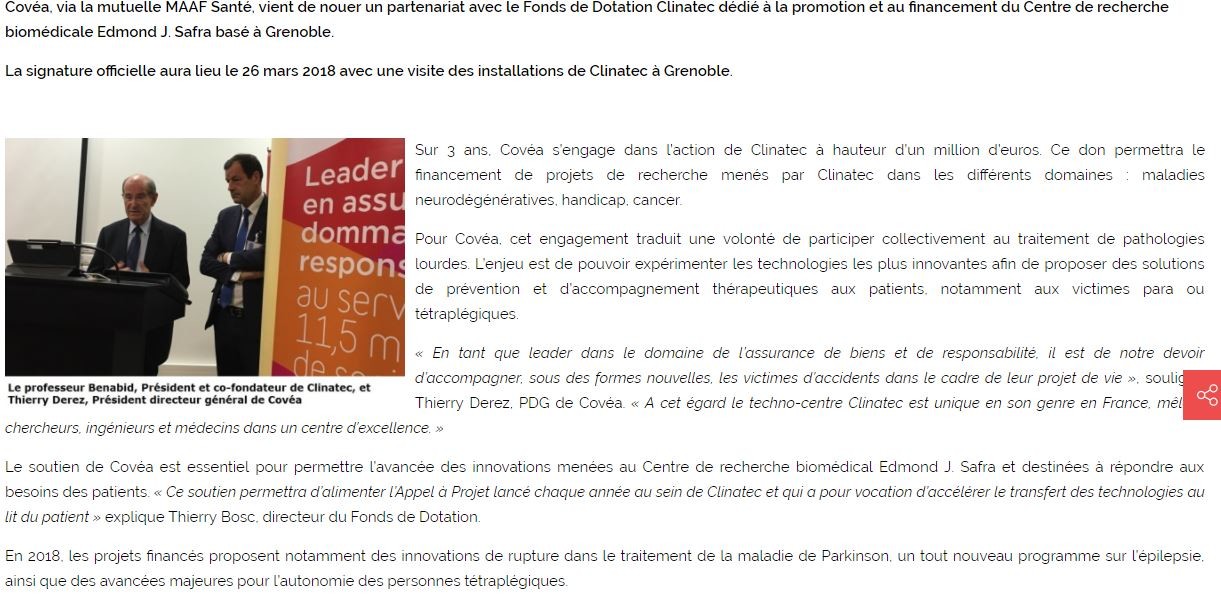 Covéa partenaire du centre de recherche biomédicale Clinatec Covéa partenaire du centre de recherche biomédicale Clinatec