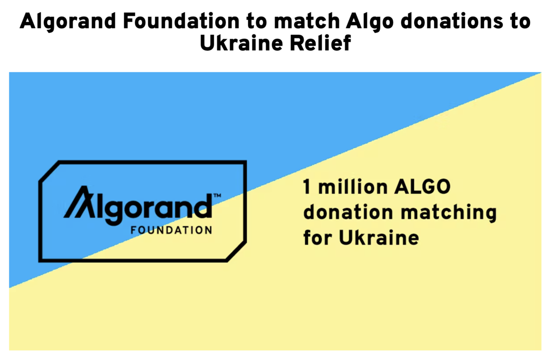 Algorand Foundation to match Algo donations to Ukraine Relief Algorand Foundation to match Algo donations to Ukraine Relief