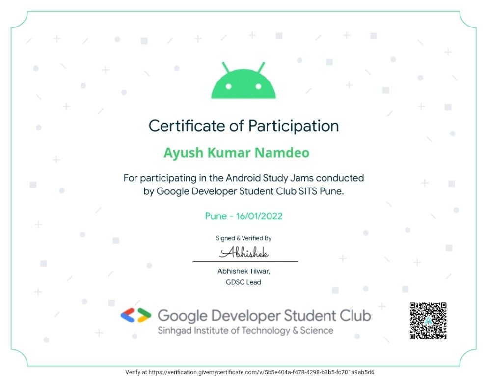 Ayush Kumar Namdeo on LinkedIn: #certificateofparticipation #gdscsits # ... Ayush Kumar Namdeo on LinkedIn: #certificateofparticipation #gdscsits # ...