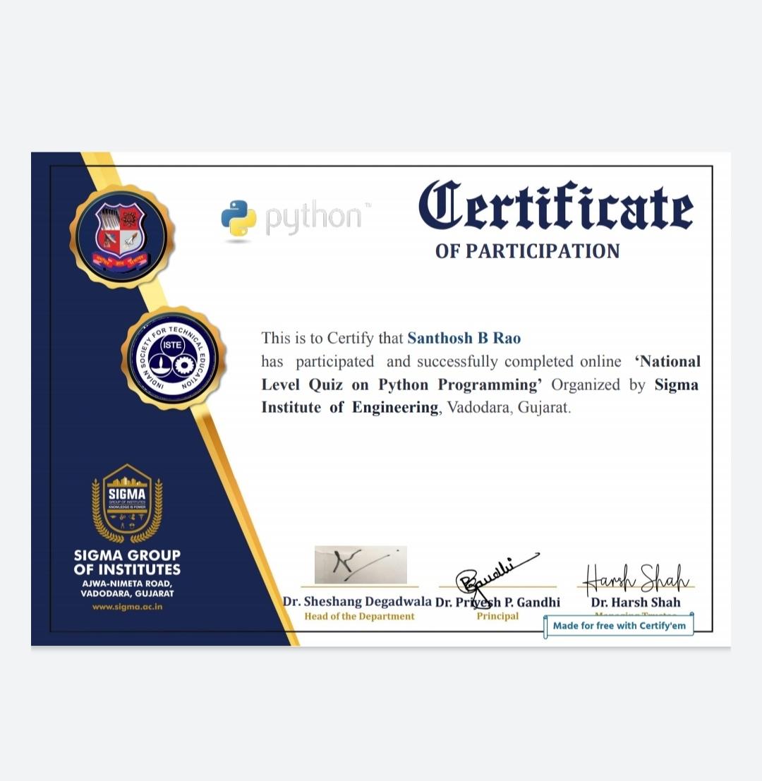 Santhosh B Rao on LinkedIn: A certificate of participation in python ... Santhosh B Rao on LinkedIn: A certificate of participation in python ...