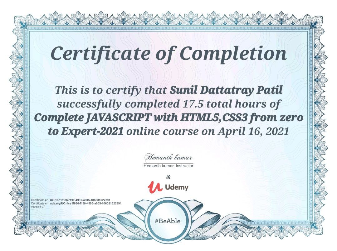 Sunil Patil on LinkedIn: #udemy #certificate #javascript #htmlcss Sunil Patil on LinkedIn: #udemy #certificate #javascript #htmlcss