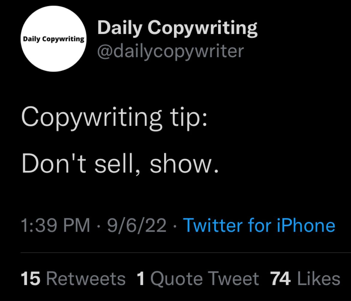 Daily Copywriting no LinkedIn: Copywriting tip: Don't sell, show. Daily Copywriting no LinkedIn: Copywriting tip: Don't sell, show.