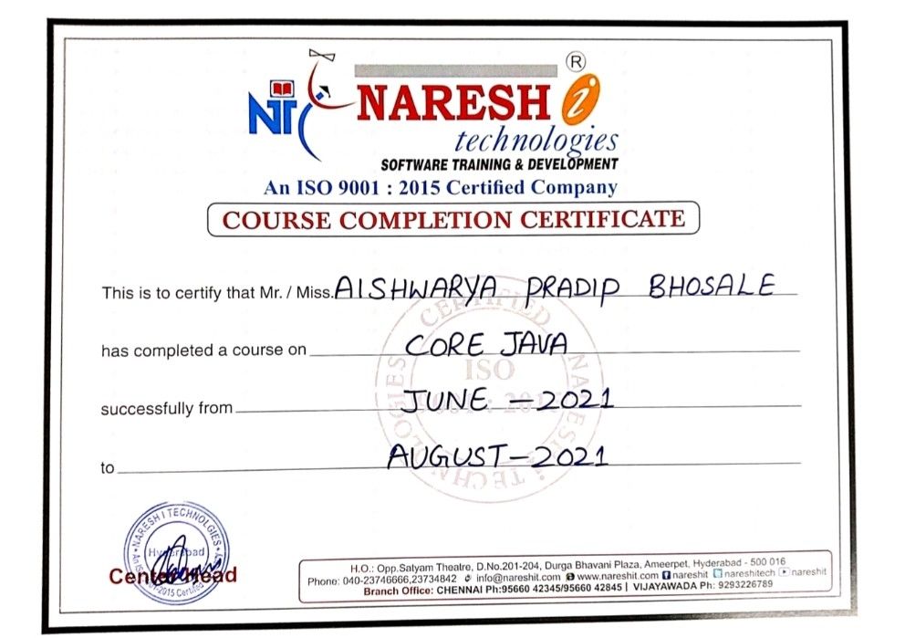 Aishwarya Bhosale on LinkedIn: #nareshitechnologies #corejava Aishwarya Bhosale on LinkedIn: #nareshitechnologies #corejava